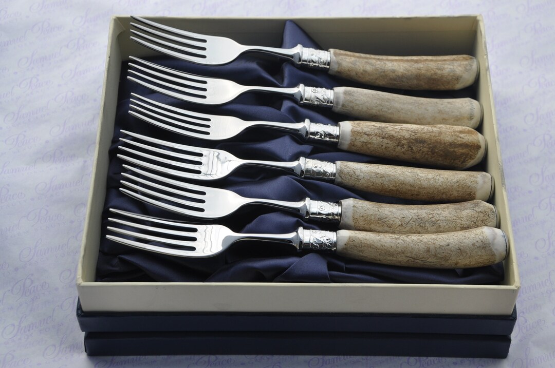 Six New Genuine Stag/antler Handle Steak Forks Silver Ferrule Made ...