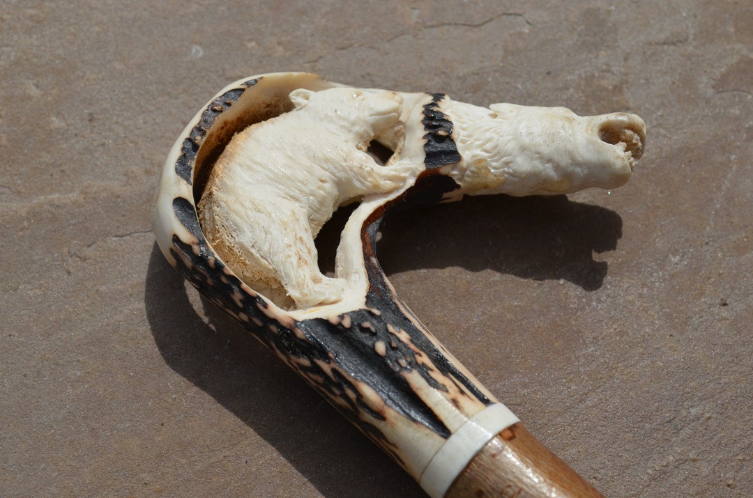 Genuine Authentic Hand Carved Stag Horn Antler Hazel Shaft Walking ...