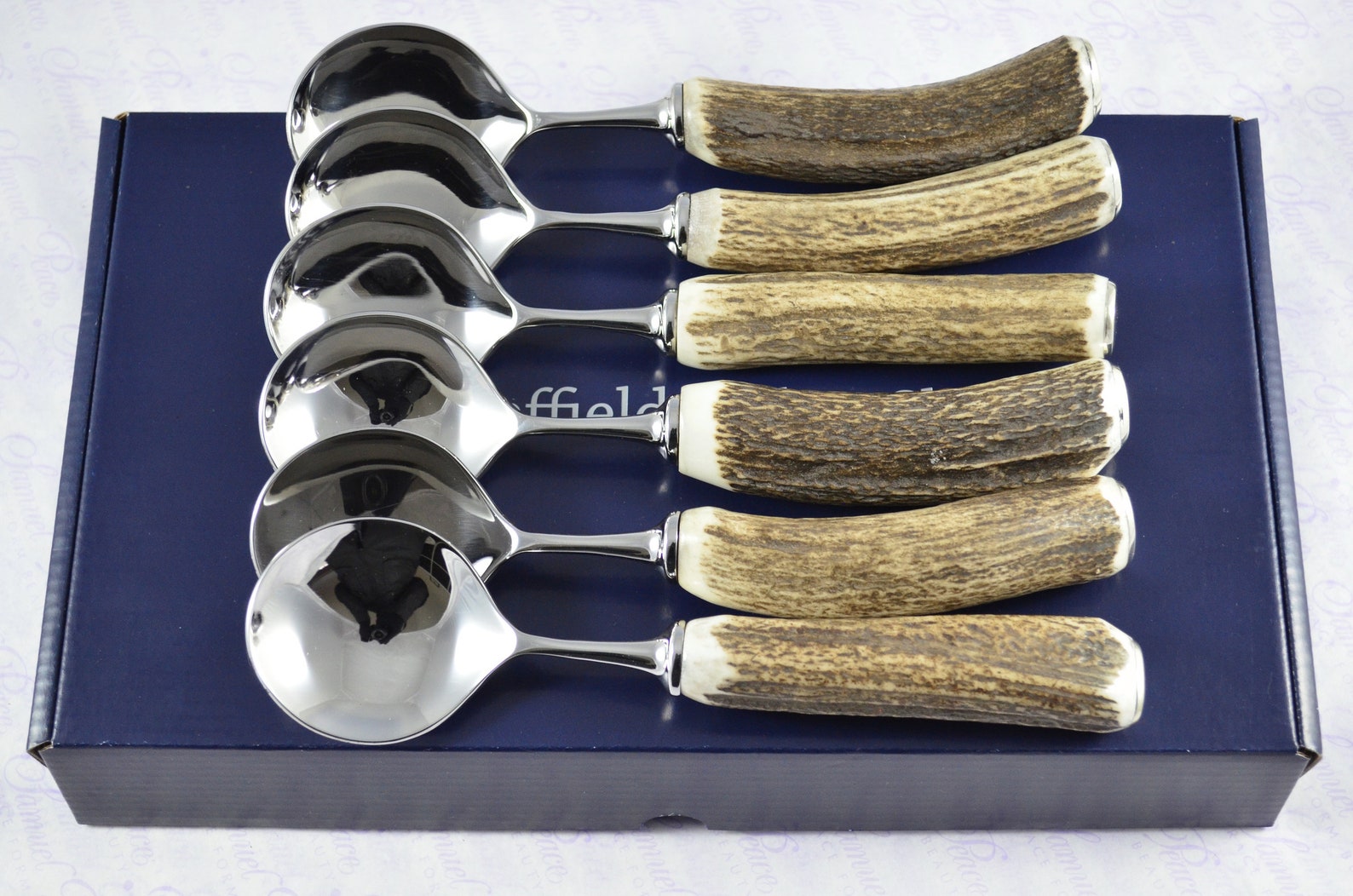 Six New Genuine Stag/antler Handle Soup Spoons Boxed Made in Sheffield ...