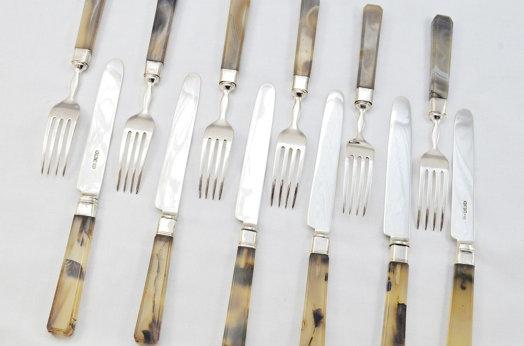 Six Pairs of Moses Brent Hand Carved Agate & Solid Silver Knives and ...