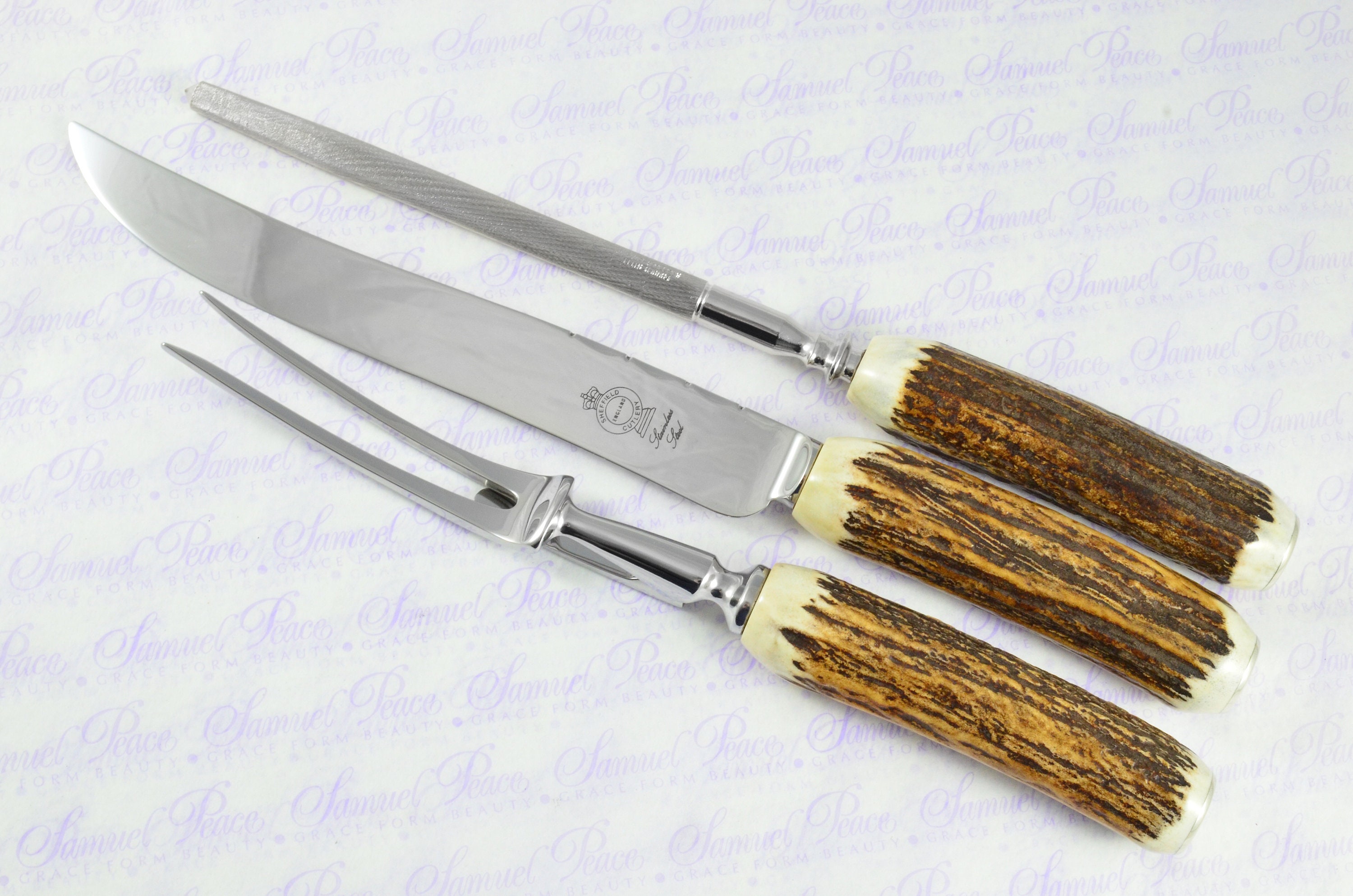 Genuine Stag/antler Handle 3 Piece Carving Set Cased Made in Sheffield ...