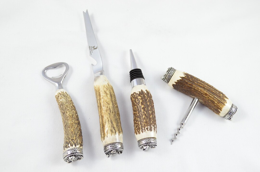 A Genuine Stag Antler Handled Pewter Capped Bar Collection Set Made in ...