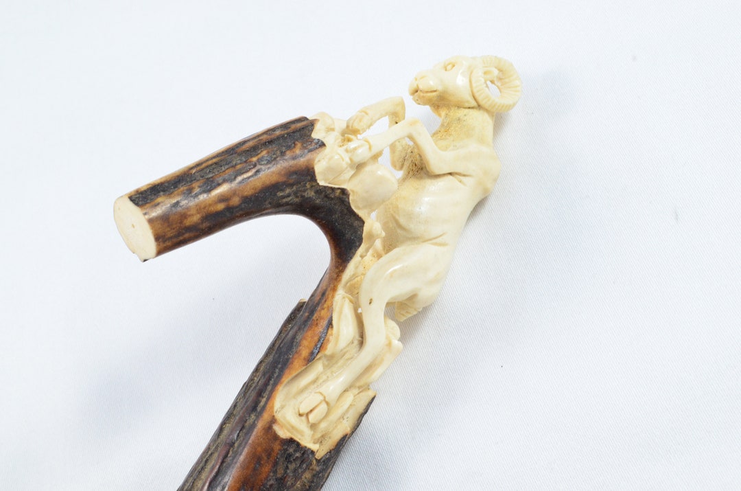 Fantastic Hand Carved Ram Walking Stick Cane Top Handle Antler Horn ...