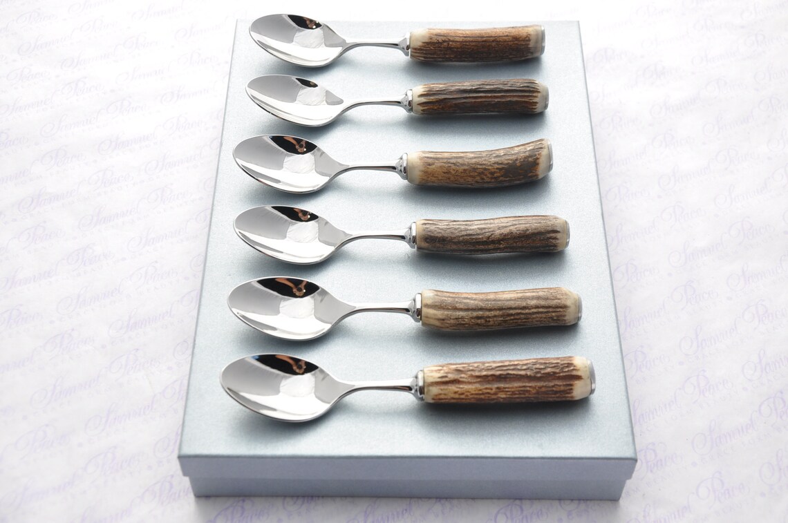 Six New Genuine Stag/antler Handle Tea Spoons Boxed Made in Sheffield ...