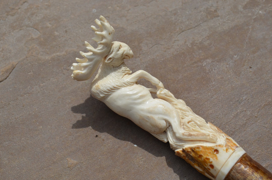 Genuine Authentic Hand Carved Stag Horn Antler Hazel Shaft Walking ...