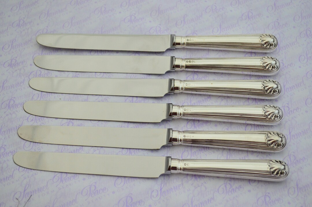 William Fielder 6 Pairs of Sterling Silver Table Knives Thread & Shell ...