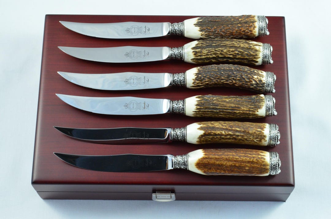 A Genuine Set of 6 Stag Antler Handled Pewter Capped Steak Knife Made ...