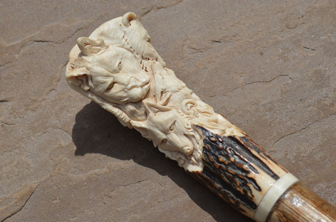 Genuine Authentic Hand Carved Stag Horn Antler Hazel Shaft Walking ...