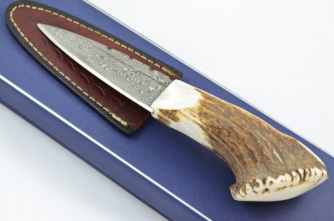 A Fantastic Handmade Genuine Stag Horn Full Crown Handle Damascus Steel ...