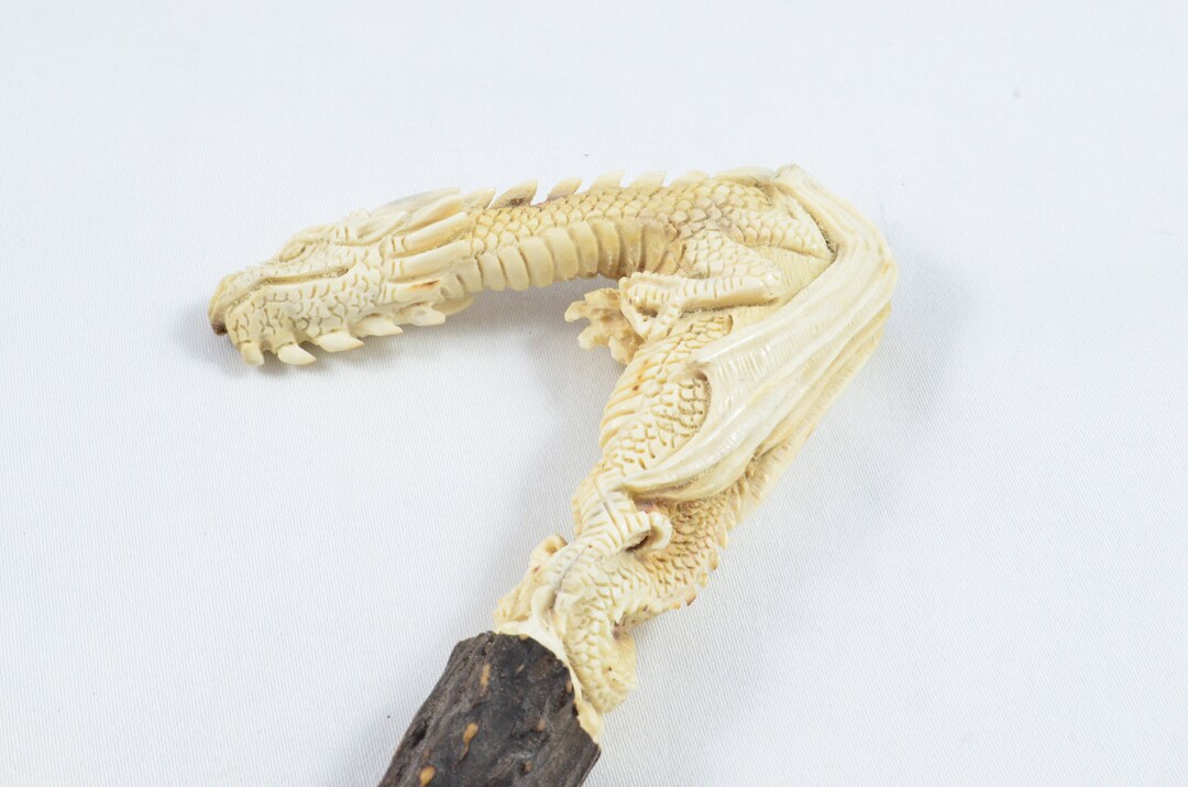 Fantastic Hand Carved Dragon Walking Stick Cane Top Handle Antler Horn ...