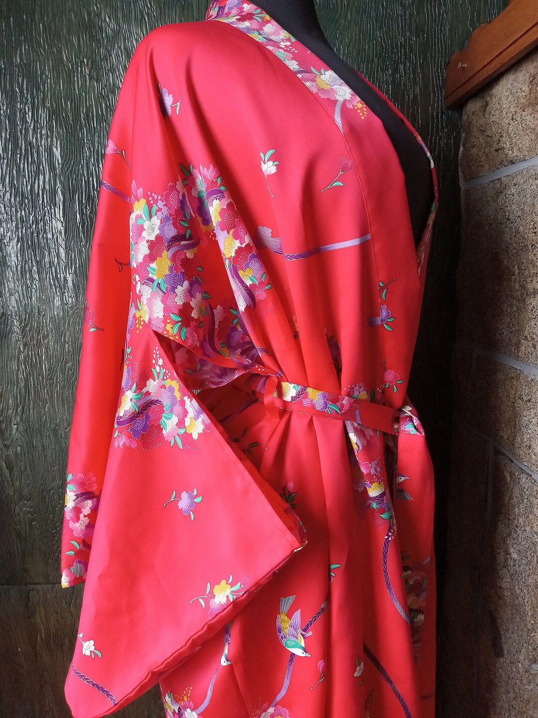 Vintage Red Asian Boudoir Dressing Gown Housecoat With Belt Full Sleeve ...