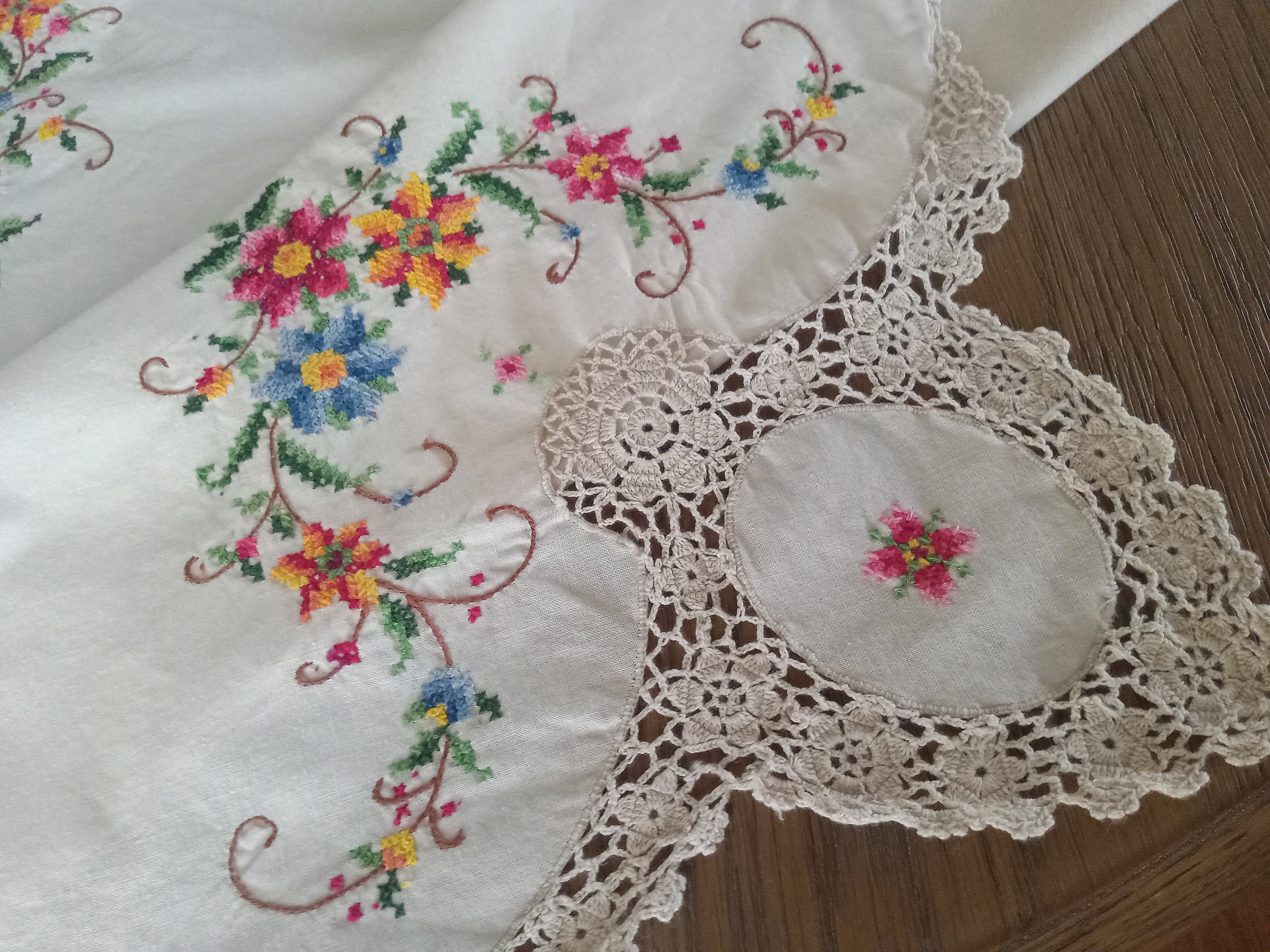 Romantic Vintage Large White Hand Embroidered Floral Cross Stitch ...