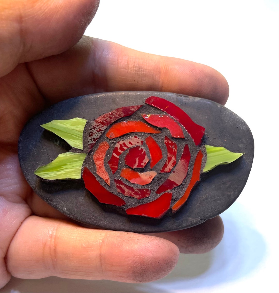 RED ROSE Mosaic Stone Rock 3 Artwork by Artist Mosaicsbykarla - Etsy