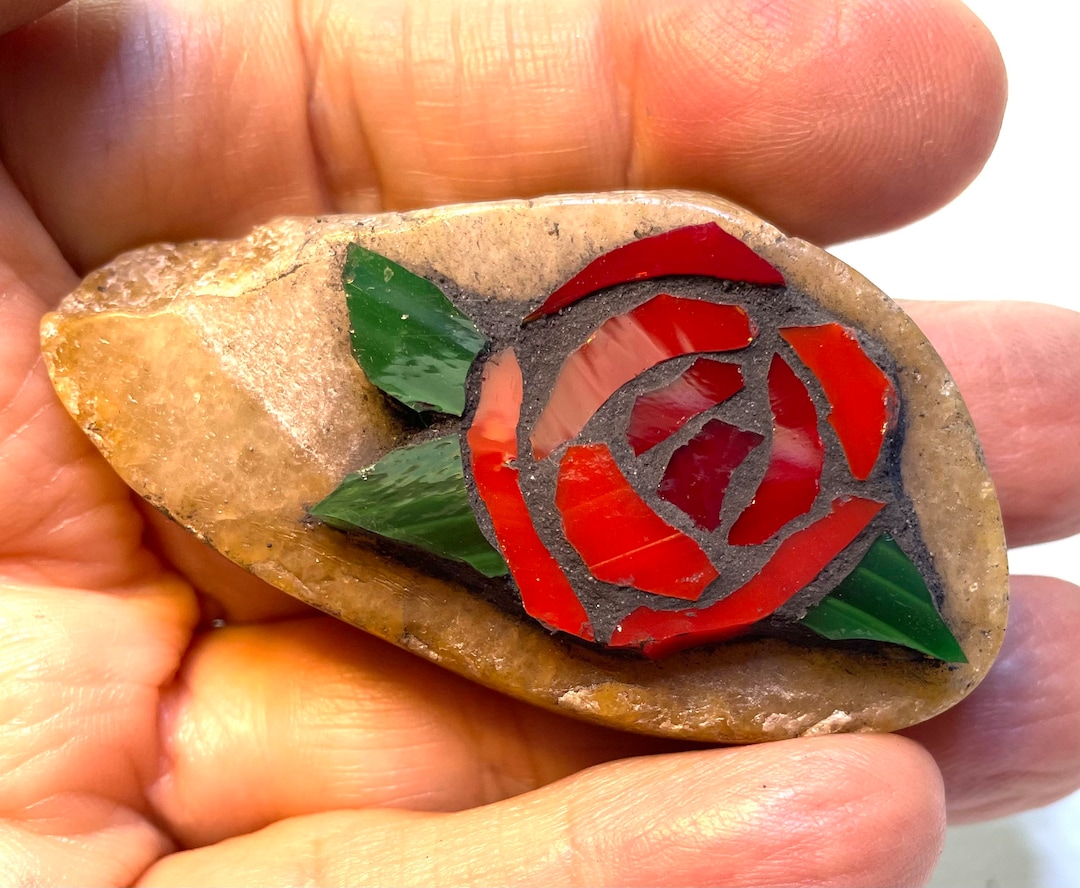 RED ROSE Mosaic Stone Rock 2.5 Artwork by Artist Mosaicsbykarla - Etsy