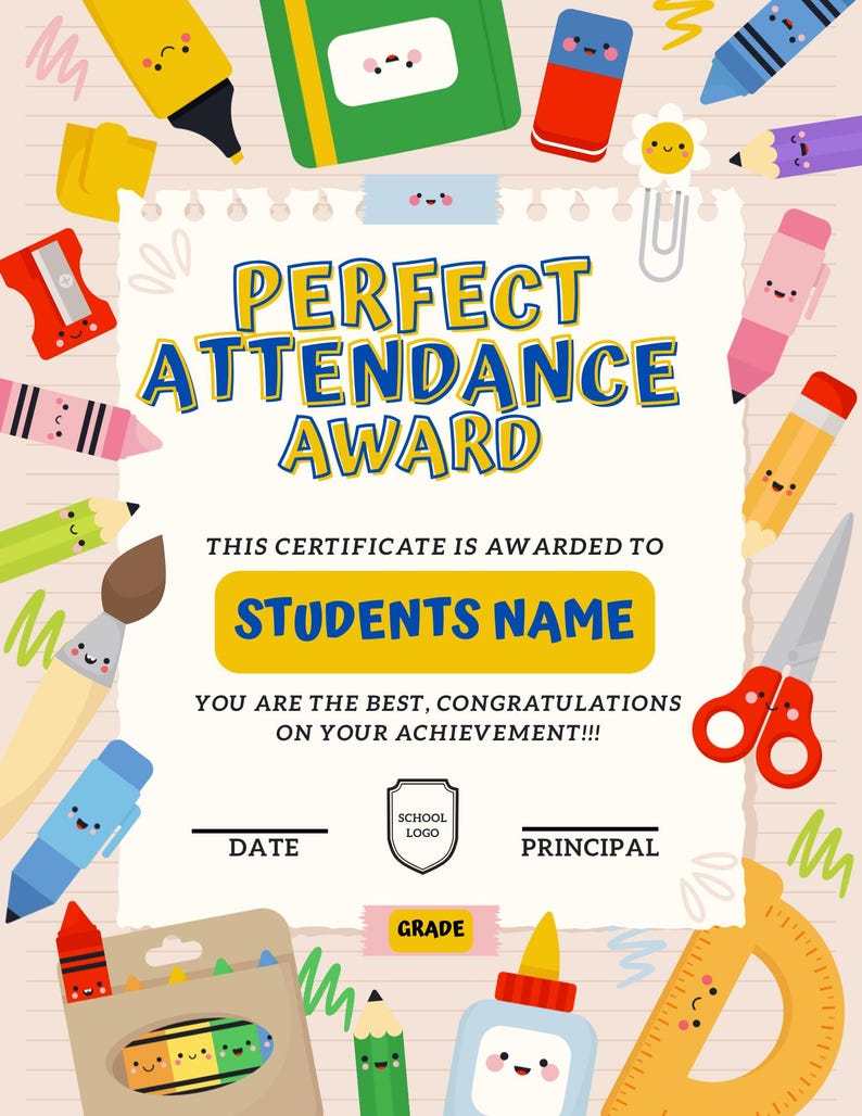 Perfect Attendance Award - School Supplies - Etsy