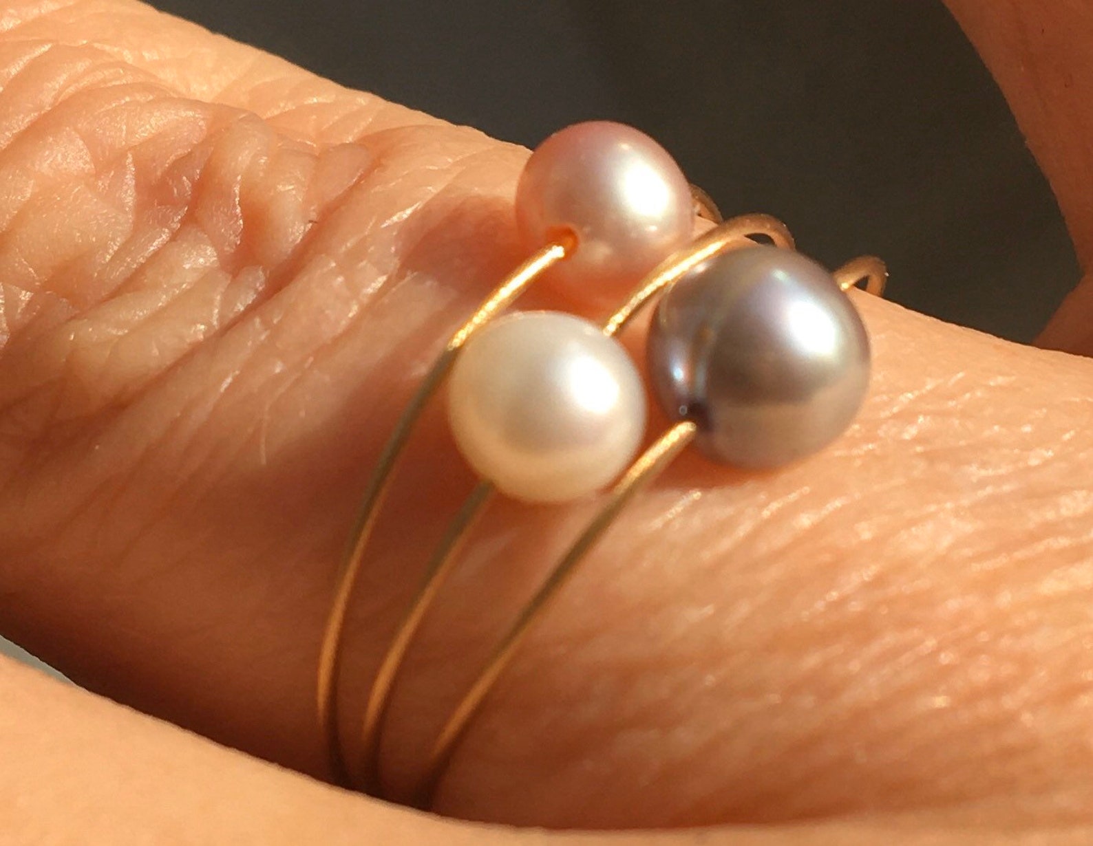 Jewelry Set. 3 Pearl Rings White Gray and Rose on a Wire of - Etsy