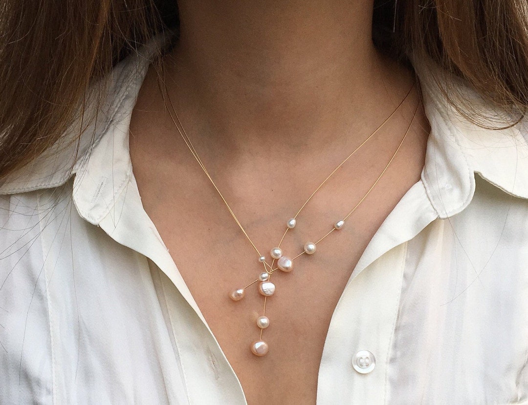 Freshwater Pearl Necklace Rose And White On A Wire Of Gold Etsy