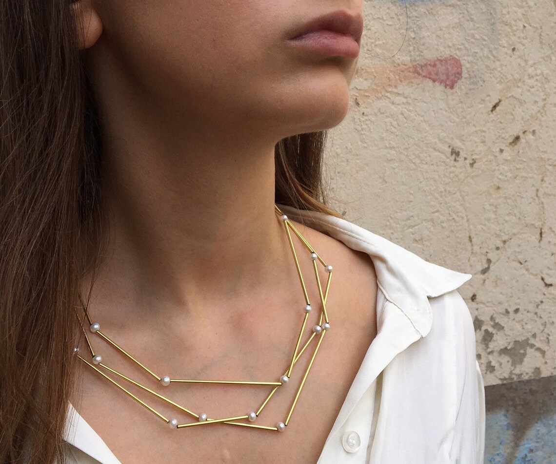Pearl Necklace Wearable in Three Lengths. Gold Pipes Combined With ...