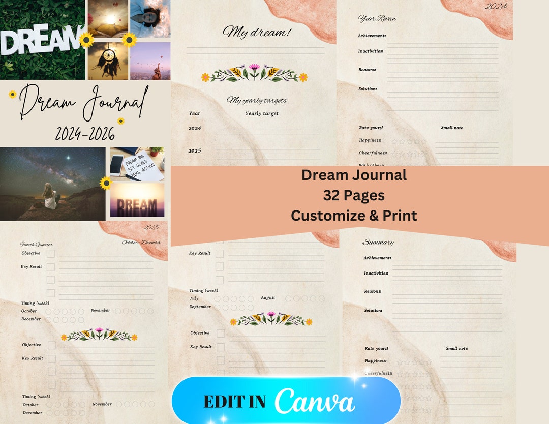 Dream Journal Template: Editable 32-page Canva Layout (digital Download ...
