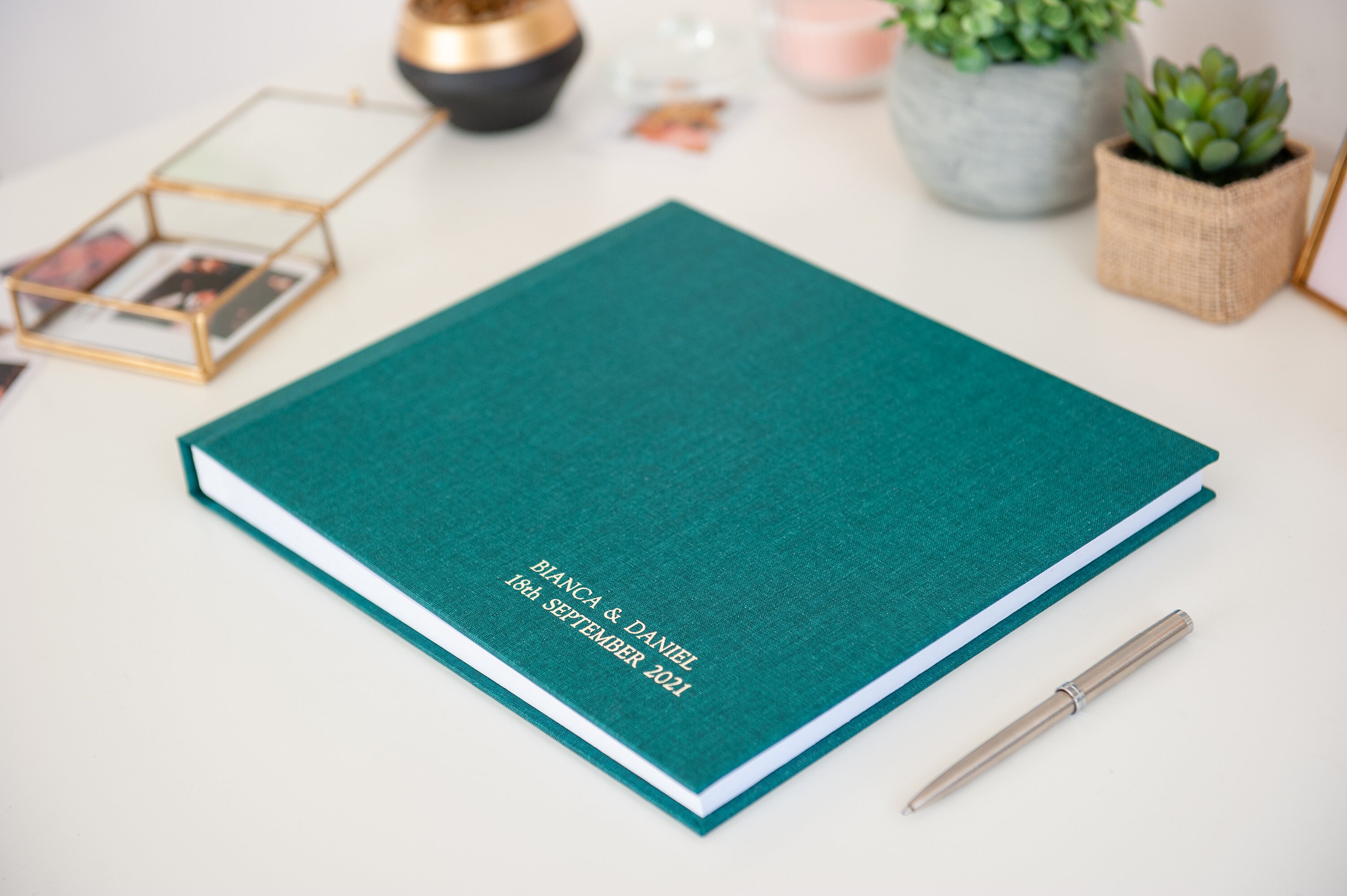 Teal Guest Book Teal linen Cream Emboss Personalized | Etsy