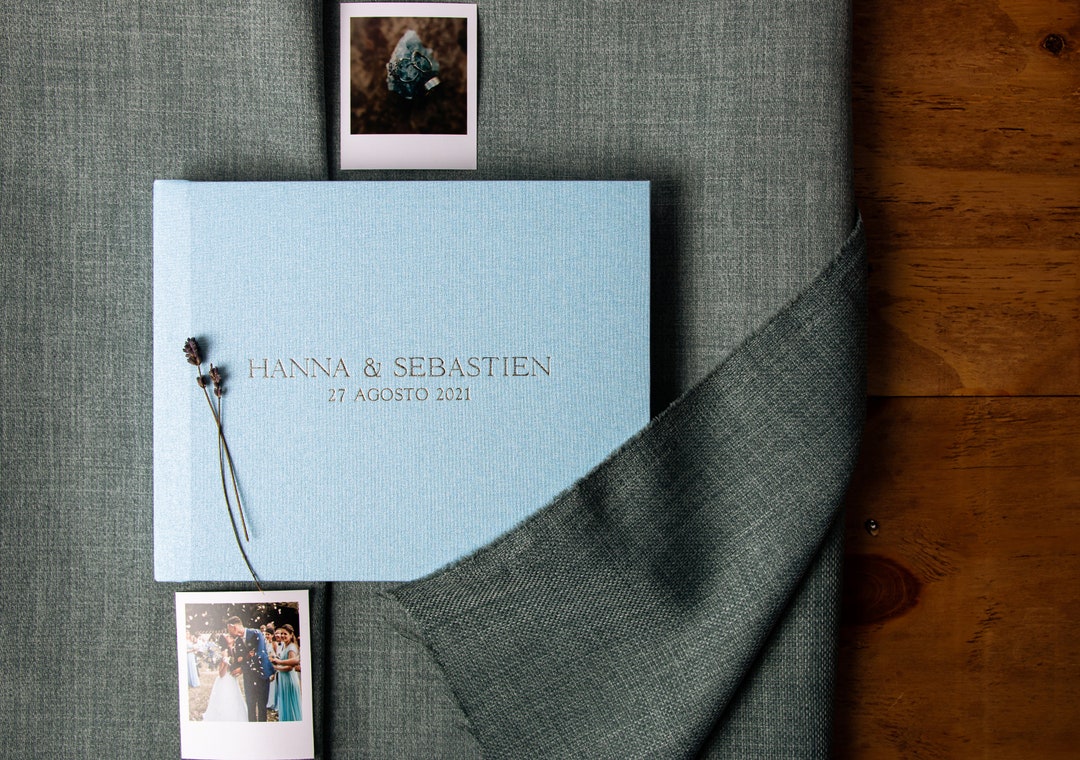 Sky Blue Linen Wedding Lay Flat Guest Book | Gold Lettering | Gold ...