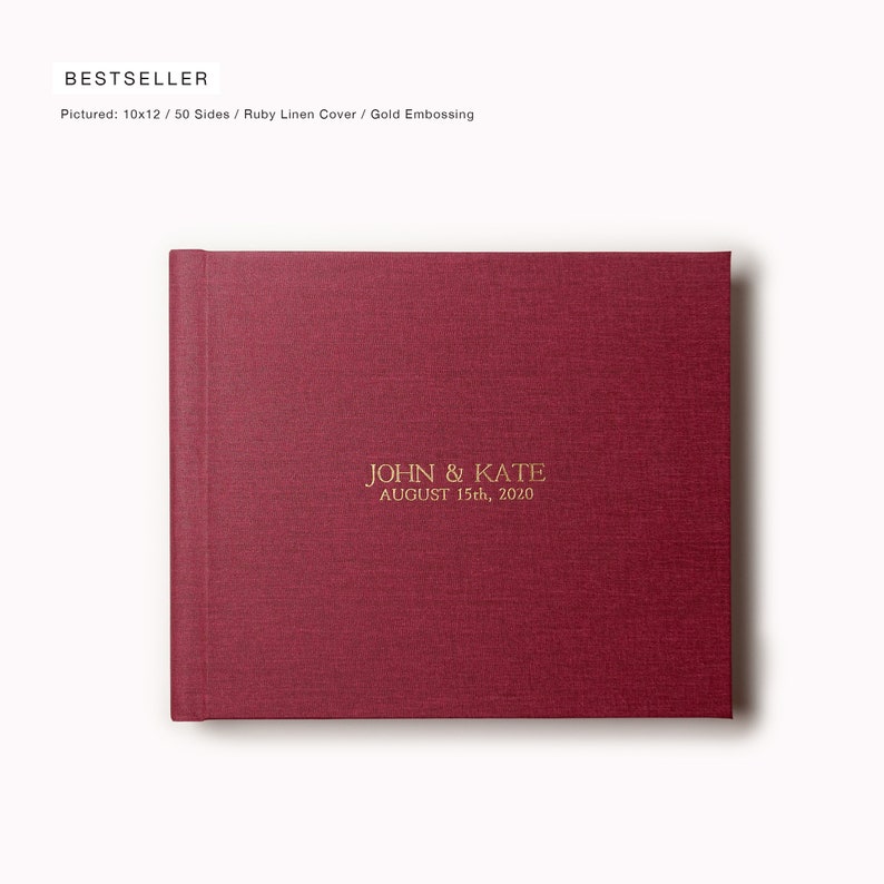 Red Linen Lay Flat Guest Book | Gold Lettering | Gold Emboss | Ruby ...