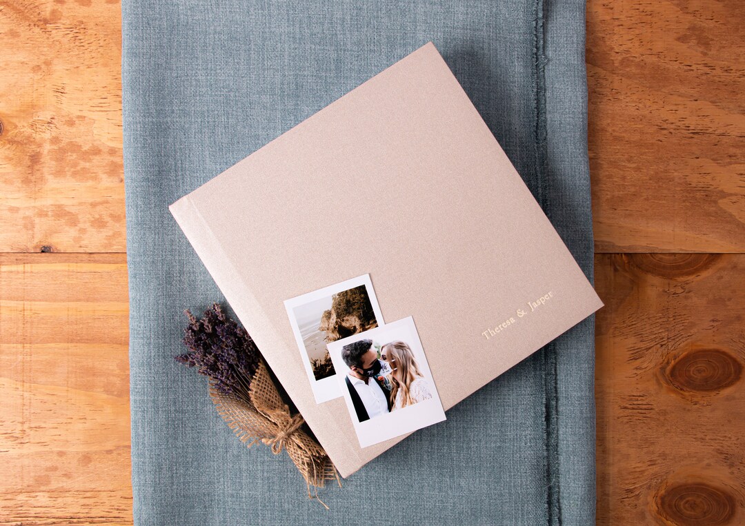 Champagne Linen Lay Flat Guest Book | Gold Lettering | Gold Emboss ...
