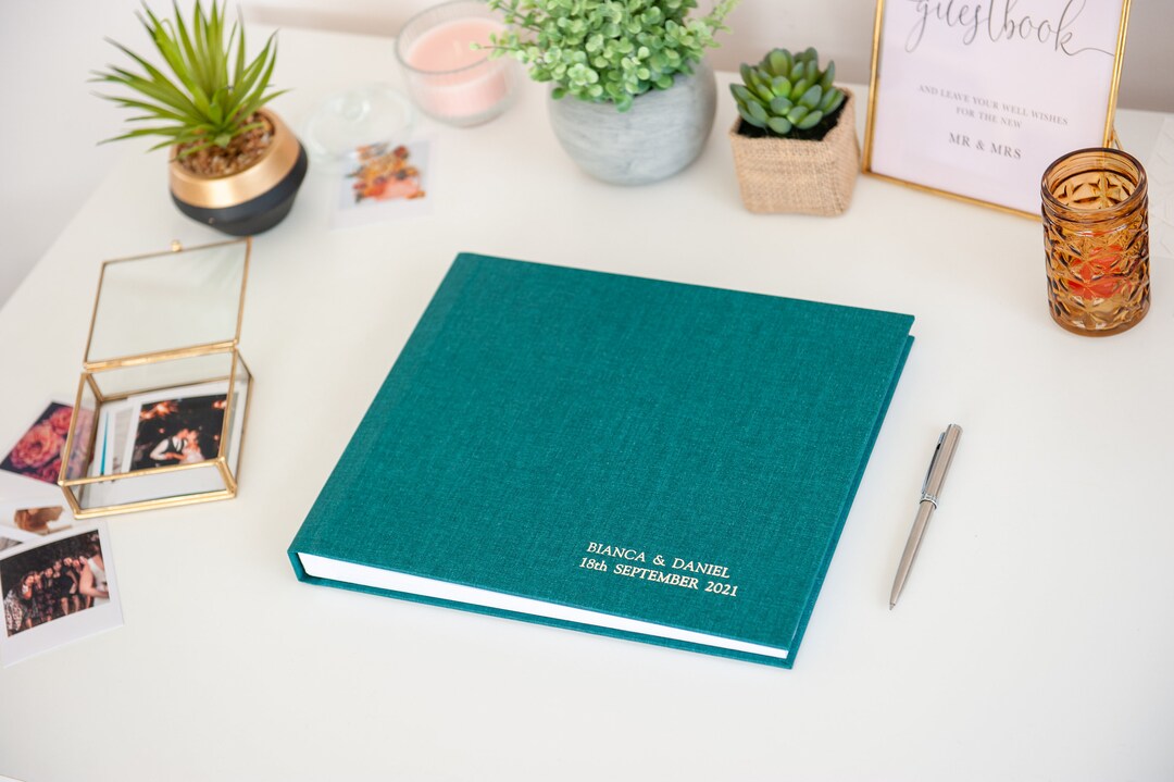 Teal Guest Book | Teal Linen | Cream Emboss | Personalized Guest Book ...