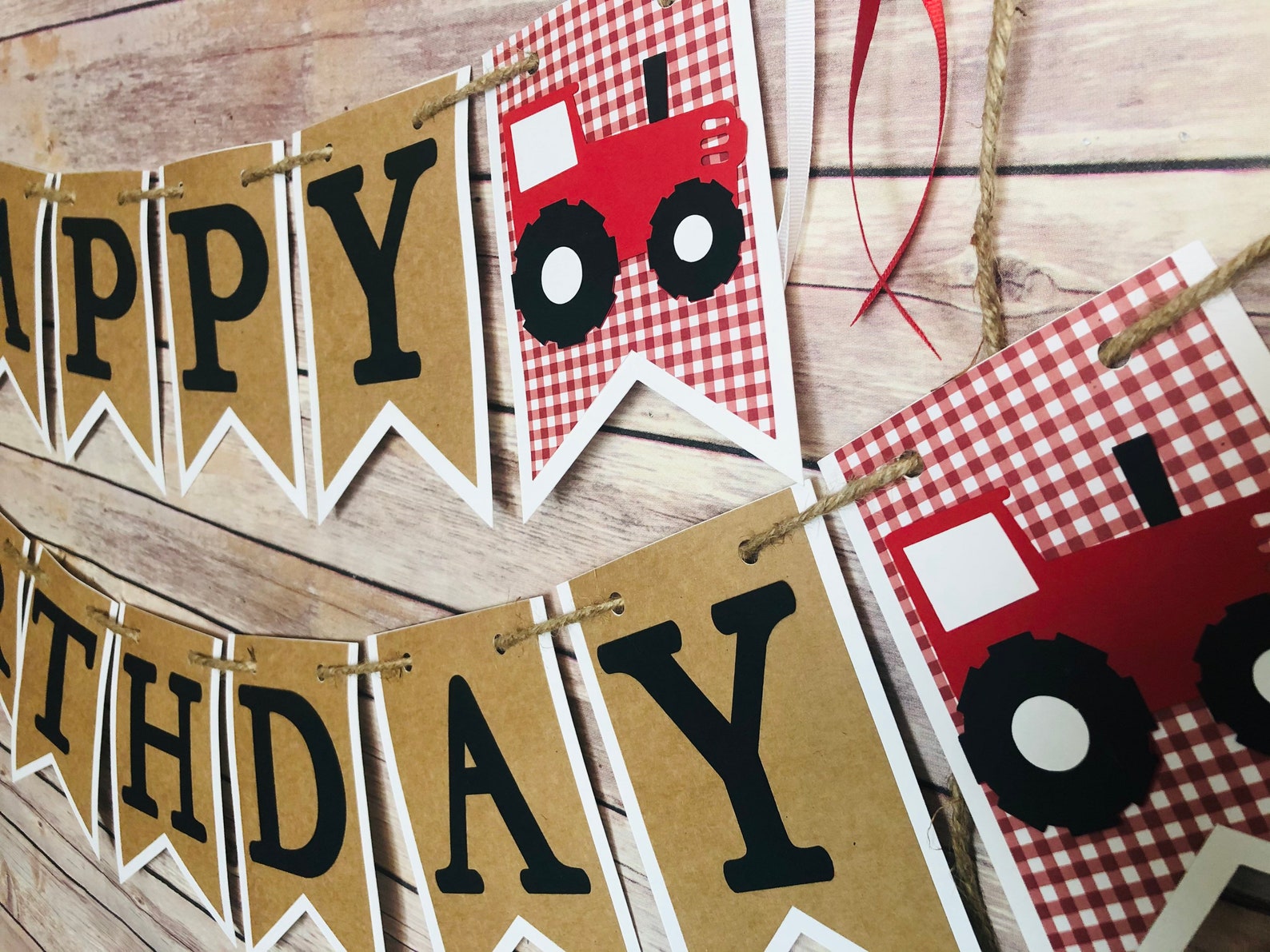 Gingham Red Tractor Happy Birthday Banner, Red Tractor Banner, Tractor ...
