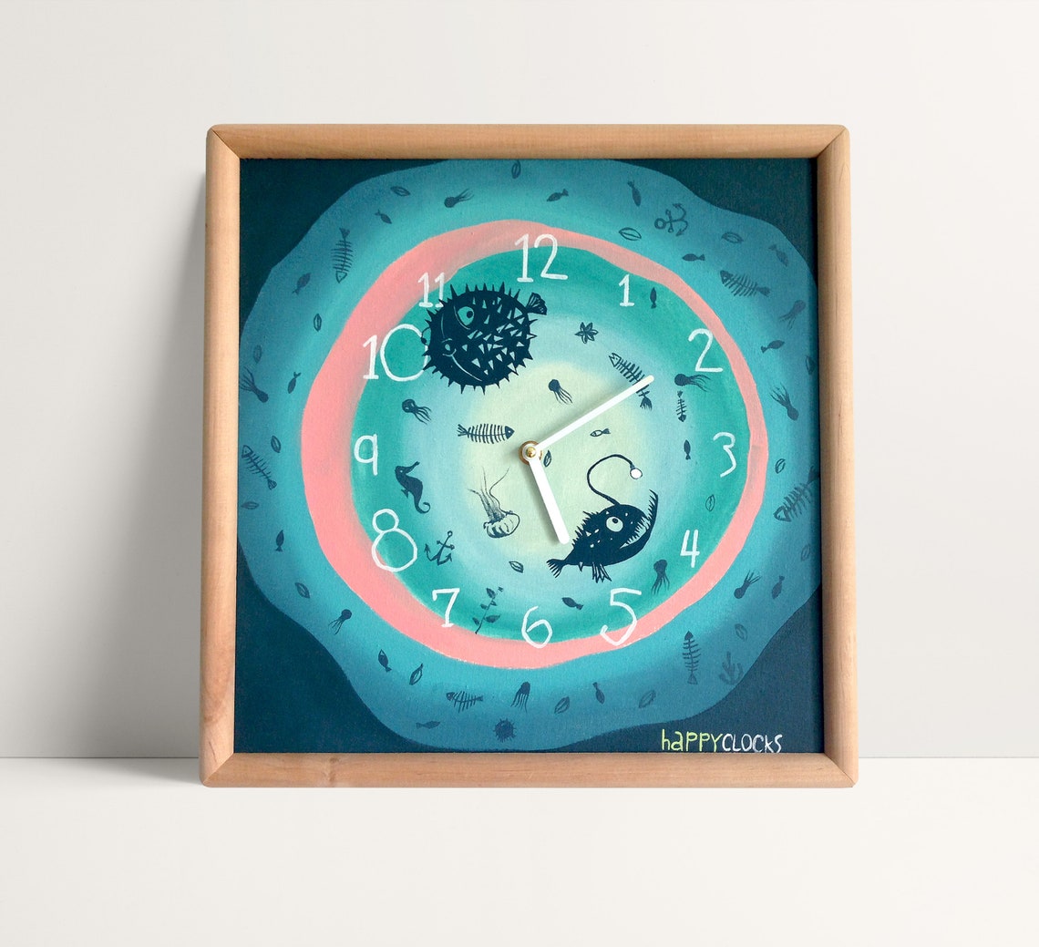 Kids Wall Clock Fishes Illustrated Clock Nursery Clock With | Etsy