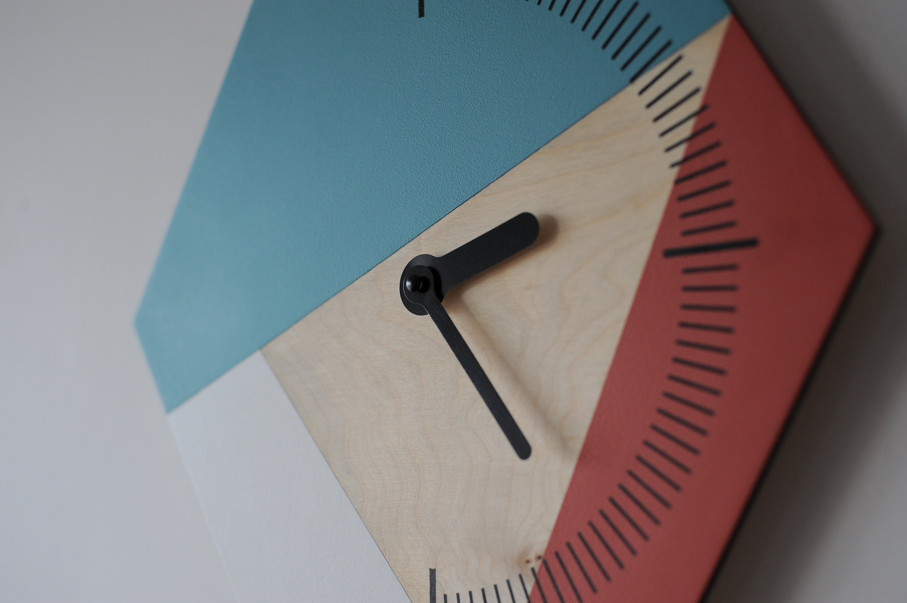 Geometric wall clock Hexagonal woodwork Green pink white wall | Etsy