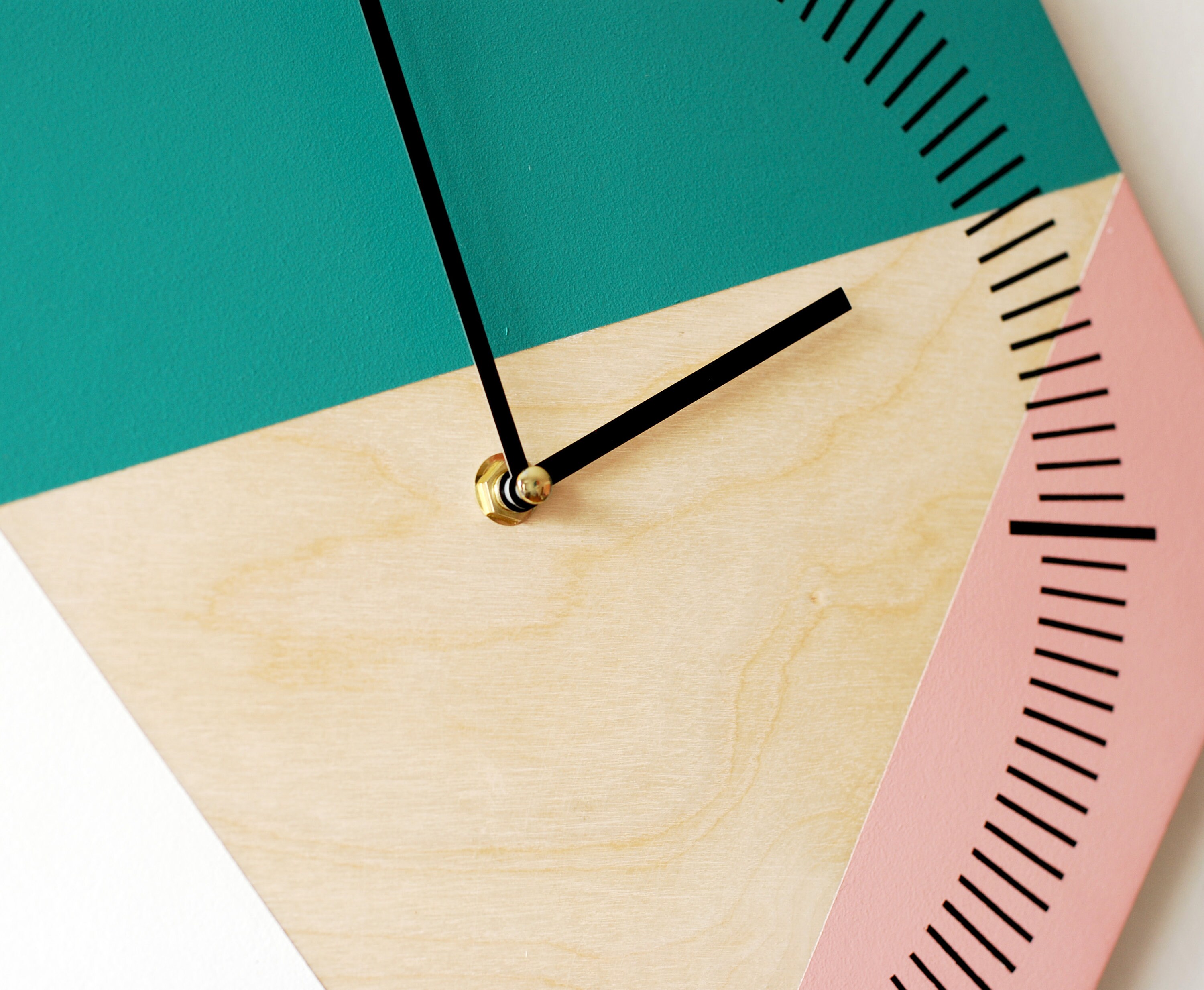 Geometric wall clock Hexagonal woodwork Green pink white wall | Etsy