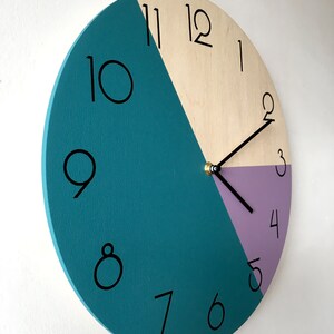 Modern Wall Clock Color Blocked Clock Deep Teal Blue Clock Round Wooden ...