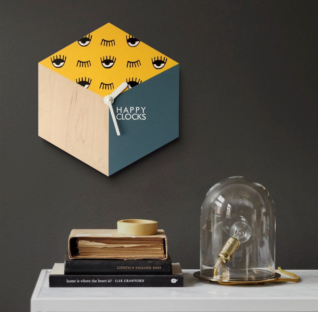 Hexagonal Wall Clock: Minimalist Woodwork, Yellow & Teal Decor - Etsy