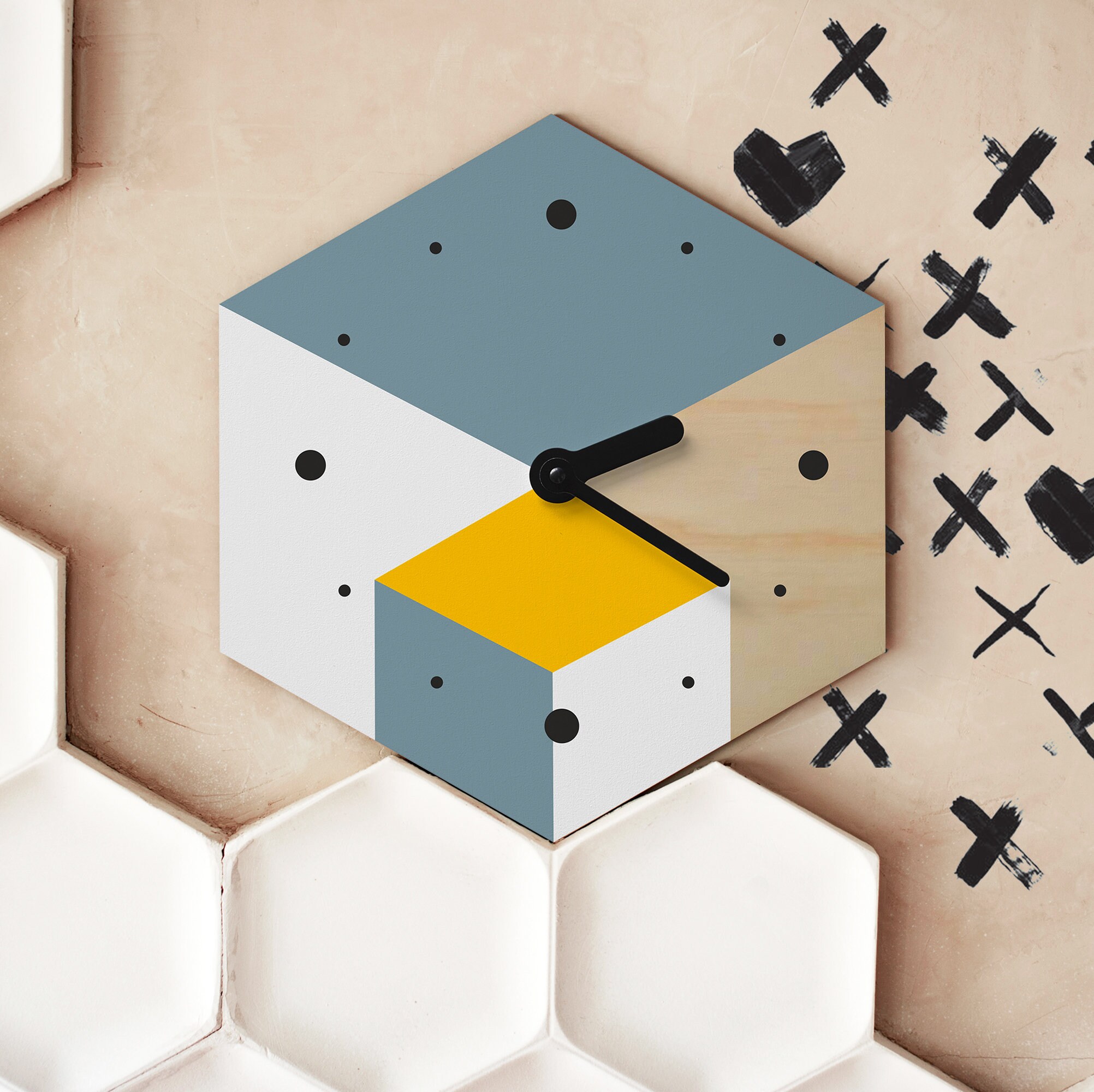 Hexagonal Modern Wall Clock Mid-century Geometric Wall Art - Etsy