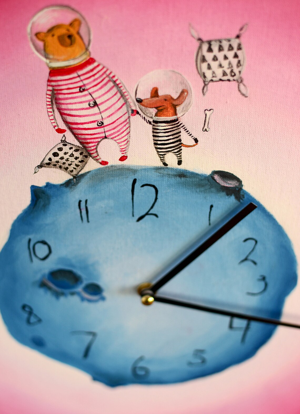 Moon Wall Clock Animal Clock Bear and Dog Illustrated Clock - Etsy