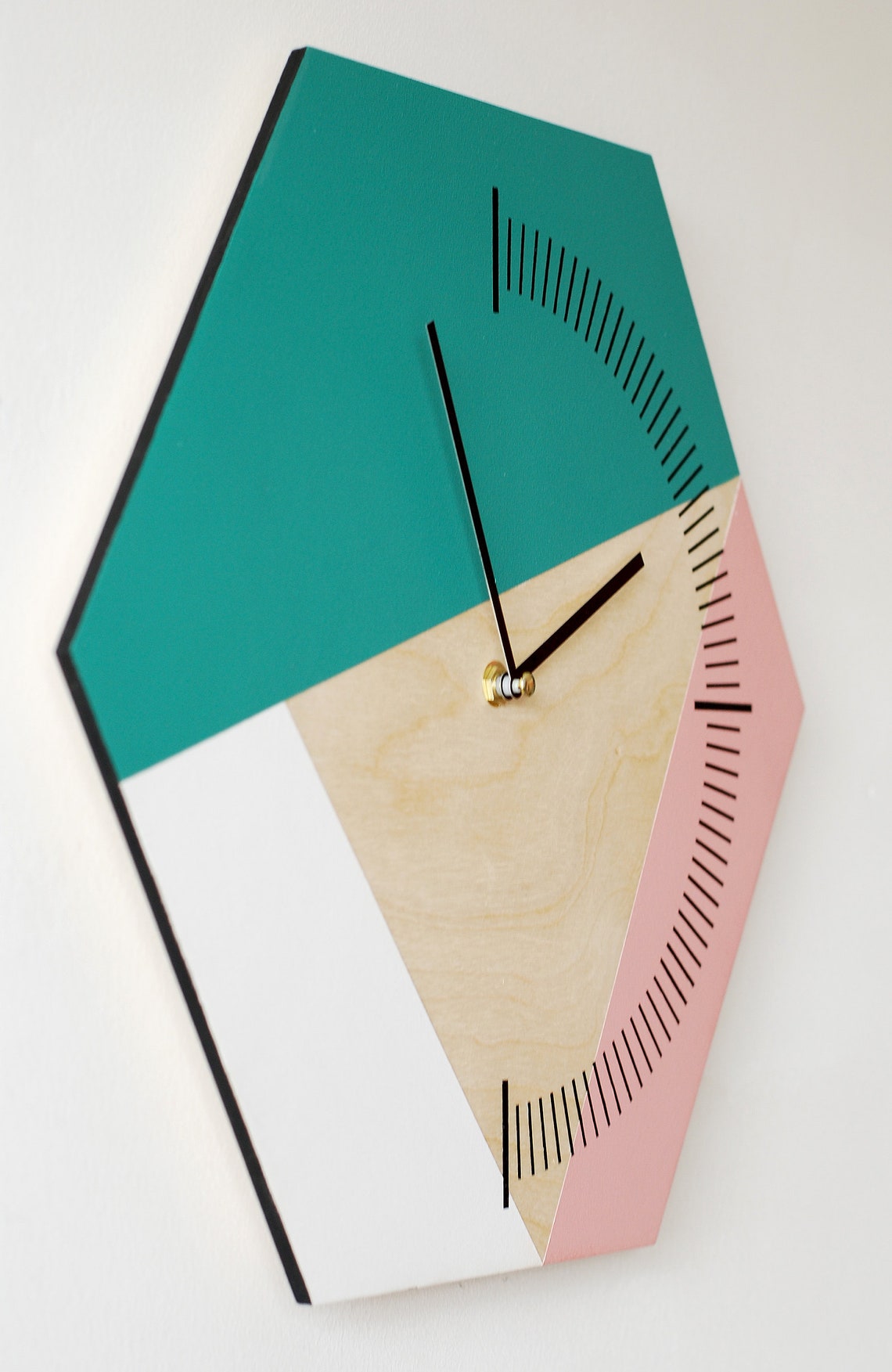 Geometric wall clock Hexagonal woodwork Green pink white wall | Etsy