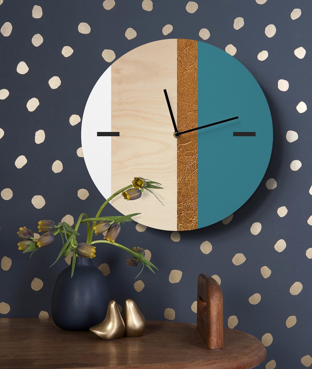 Scandi Wooden Wall Clock With Golden Strip Turquoise White & Gold ...
