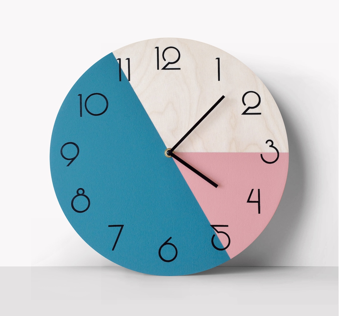 Geometric Wall Clock With Numbers Round Wooden Clock in Deep Teal Blue ...