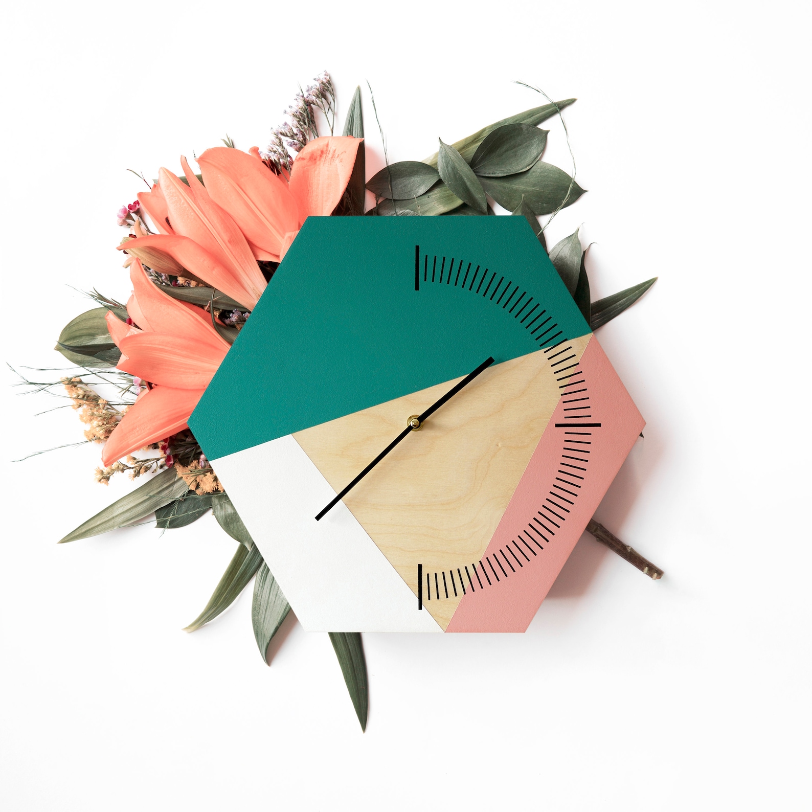 Geometric Wall Clock Hexagonal Woodwork Green Pink White Wall | Etsy