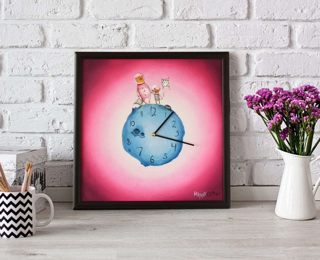 Moon Wall Clock Animal Clock Bear and Dog Illustrated Clock Boys Room ...