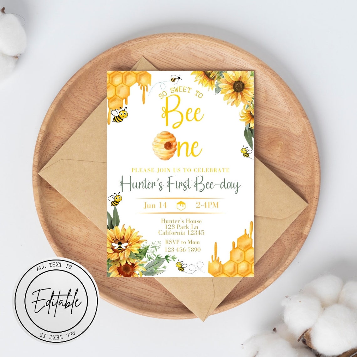Editable First Birthday Invite First Bee Day Honey Bee 1st Birthday ...