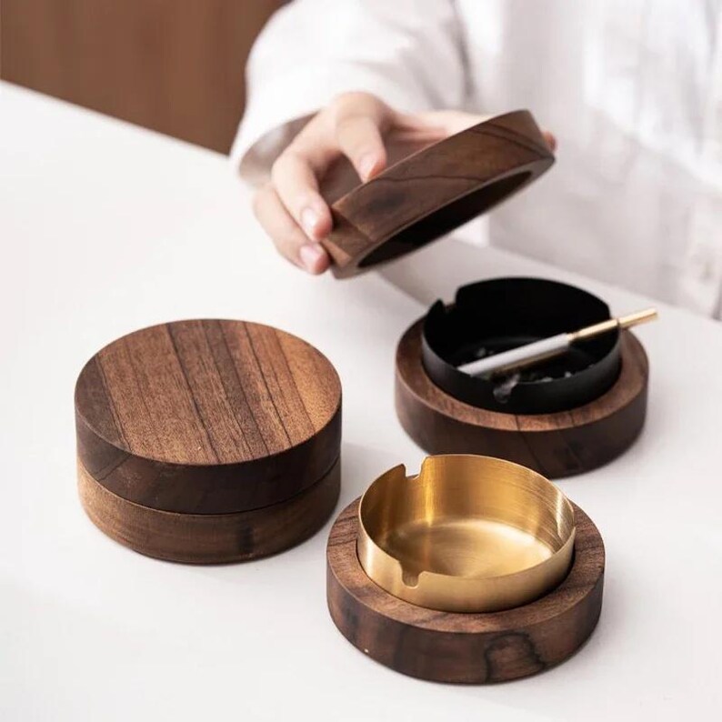 Wooden Ashtray With Lid Walnut Wood Desktop Ashtray Stainless Steel ...