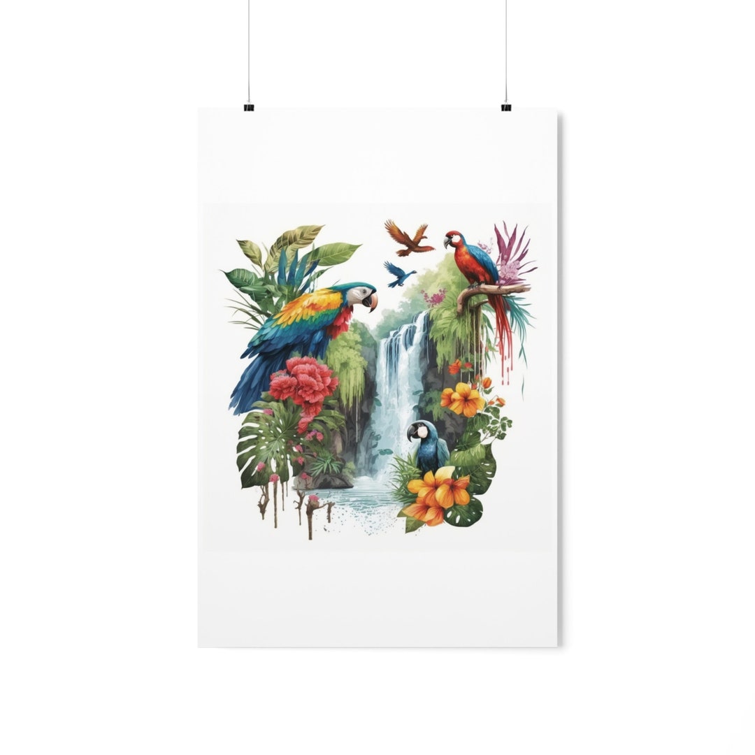 Tropical Rainforest Watercolor Poster Tropical Scene Bird - Etsy