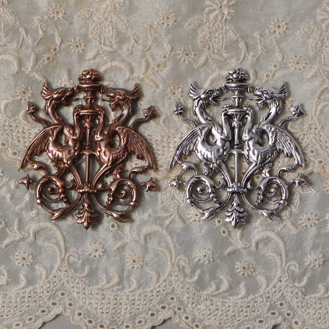 Vintage French Dragon Chimère Mythology Double Symmetric Flying Dragons ...
