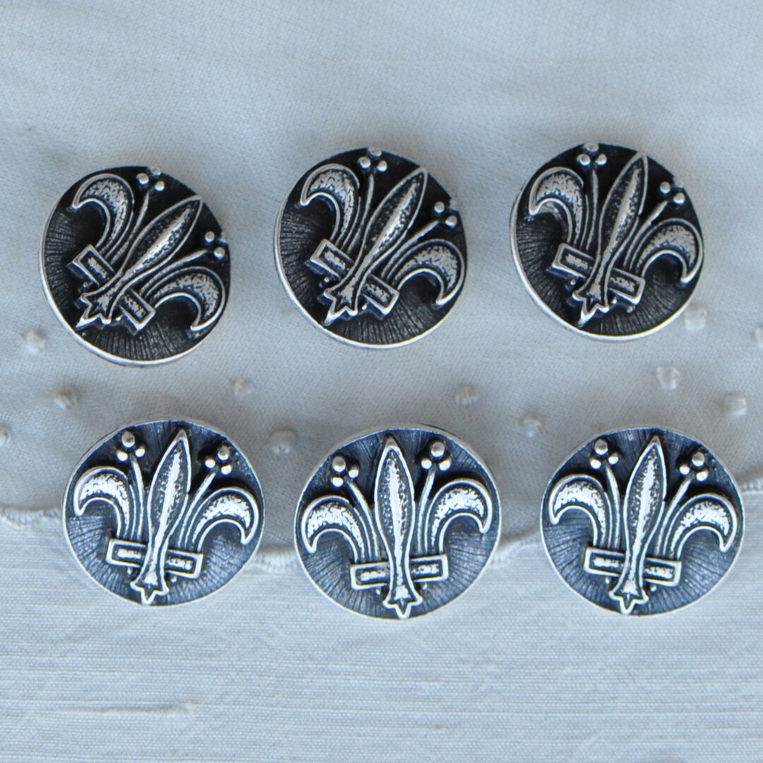 6 French Buttons 18mm Sterling Silver Plated Metal Vintage Fleur De Lis ...