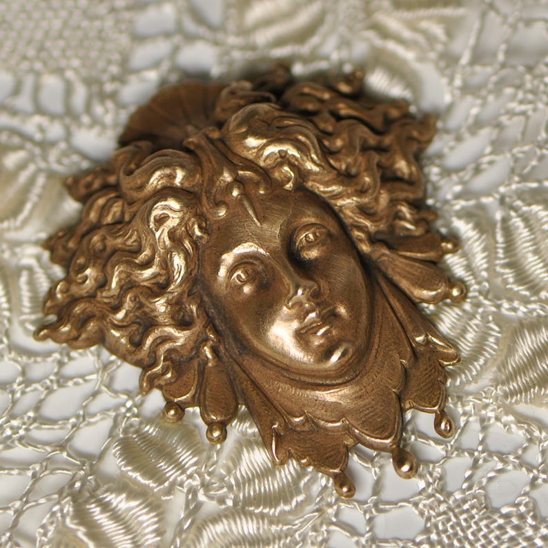 French Mystic Goddess Brass Stamping Antique Rococo Style Jester's ...