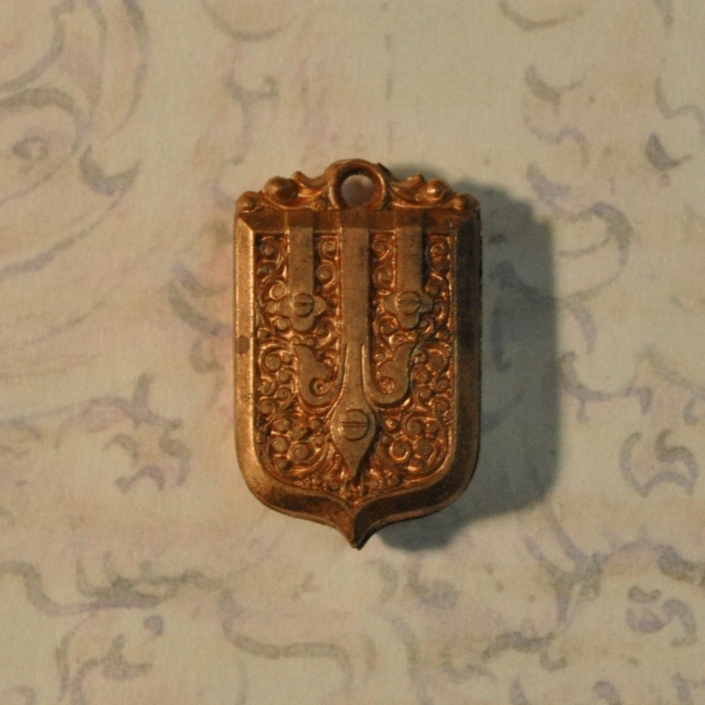 Vintage French 3D Watch Fob Ornate Shield Pendant Charm for Assemblage ...