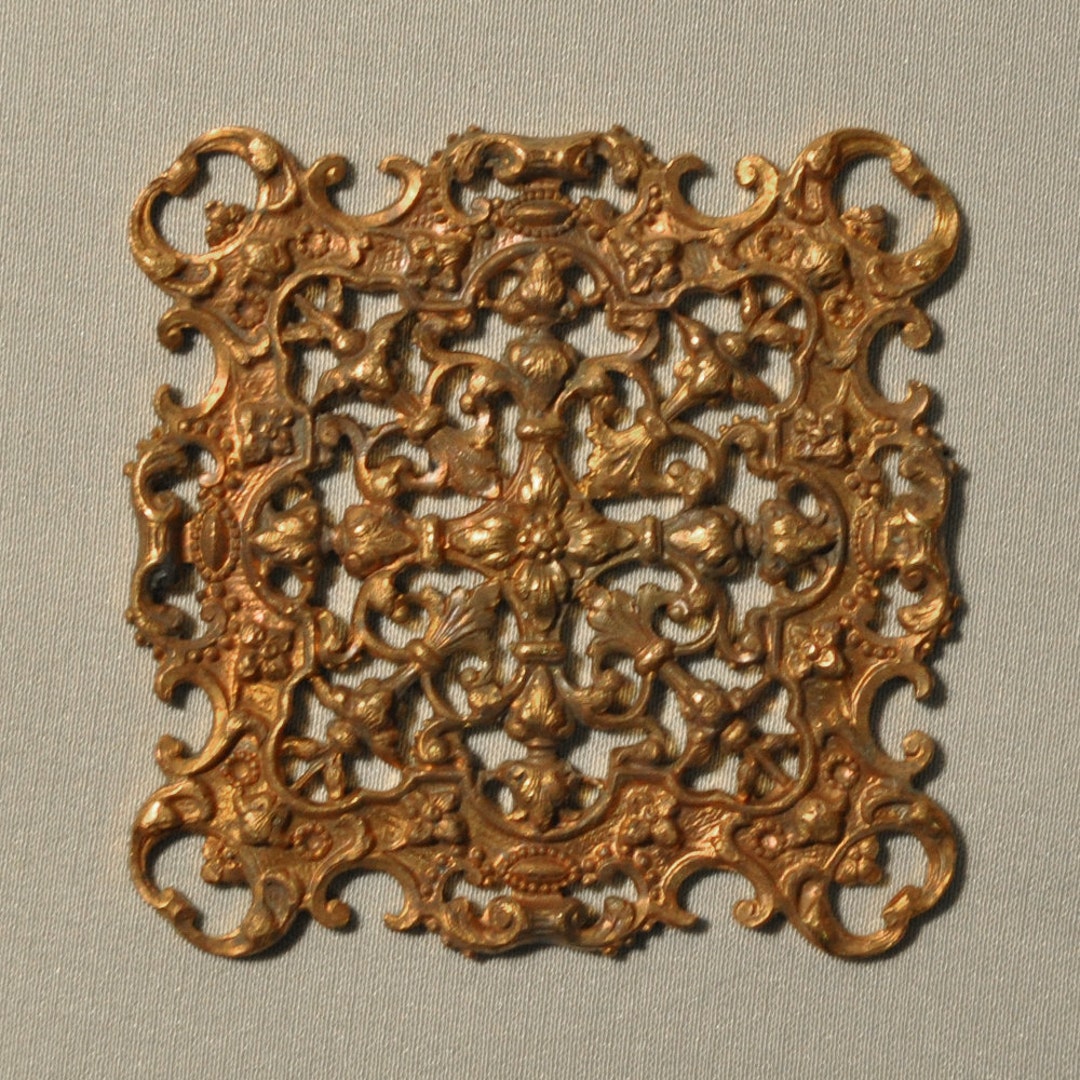 Vintage French Filigree Square Bracelet Link Gold Toned Thick Raw Brass ...