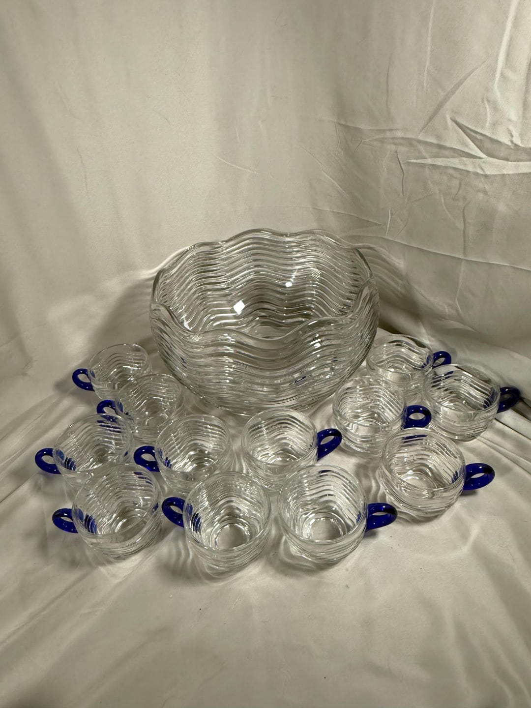 Duncan & Miller Caribbean Clear Punch Bowl With Twelve Punch Cups, With ...